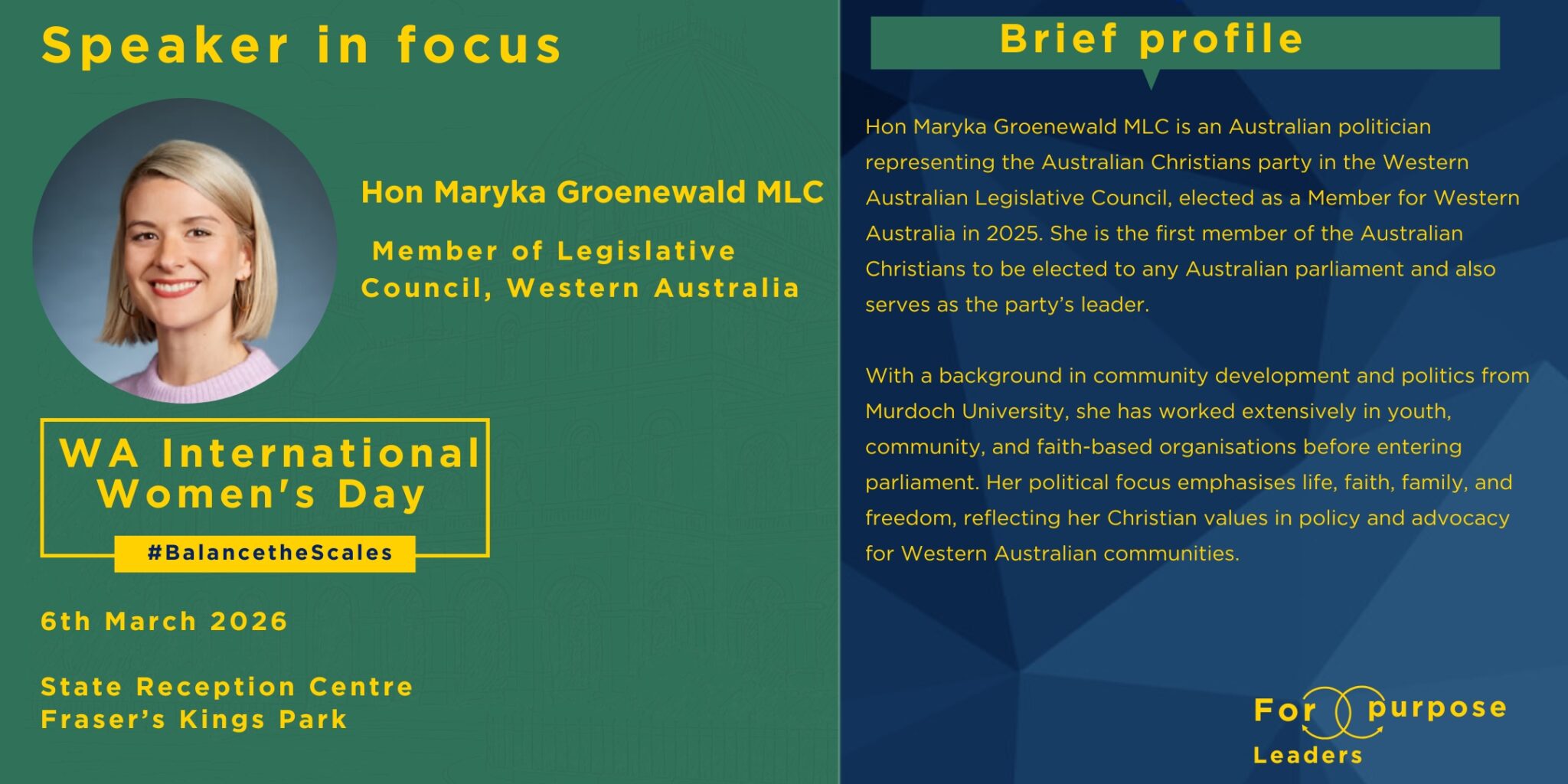 Speaker Announcement: Hon Maryka Groenewald MLC